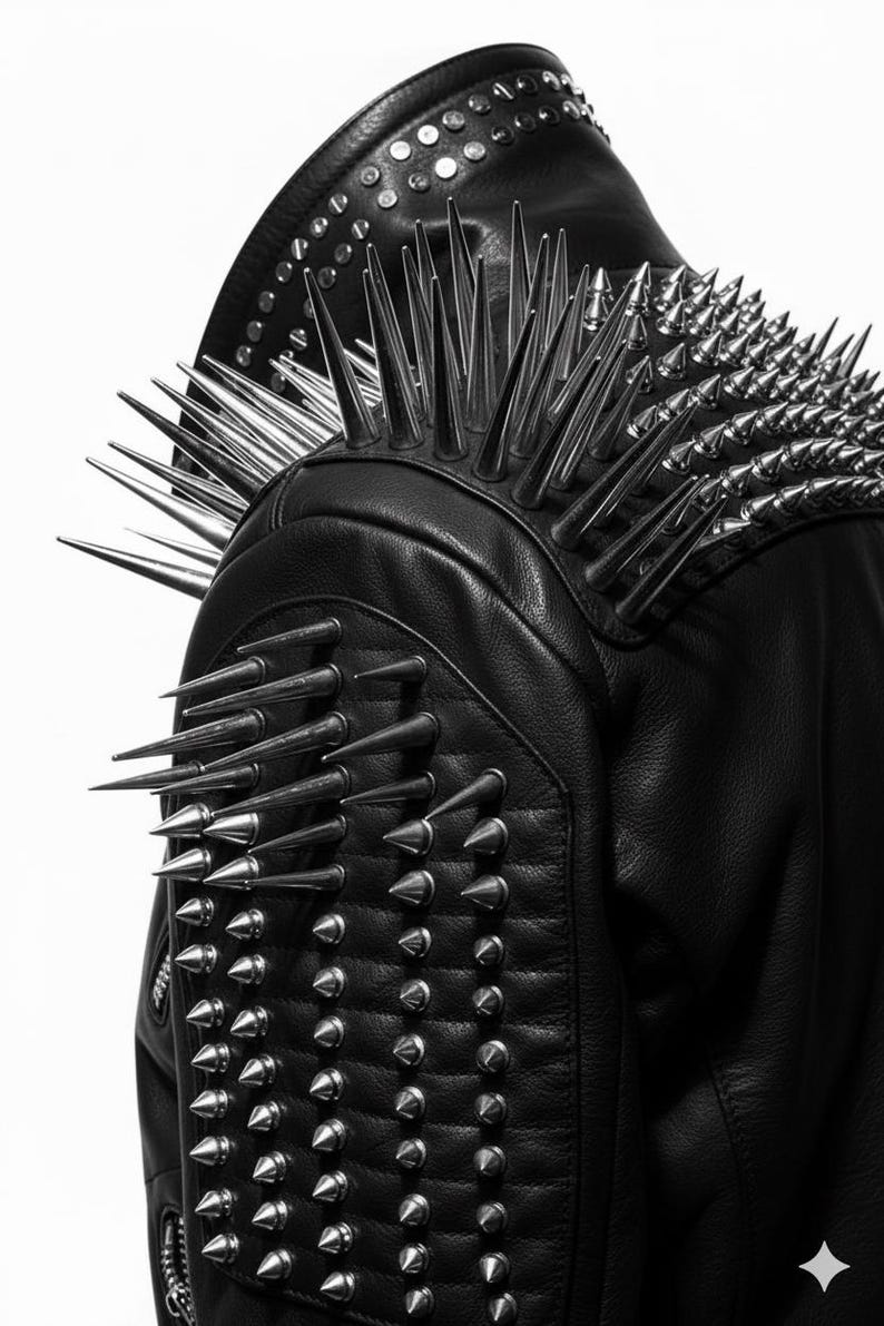 Men's Handmade Full Long Spiked Studded Black Punk Silver Motorcycle ...