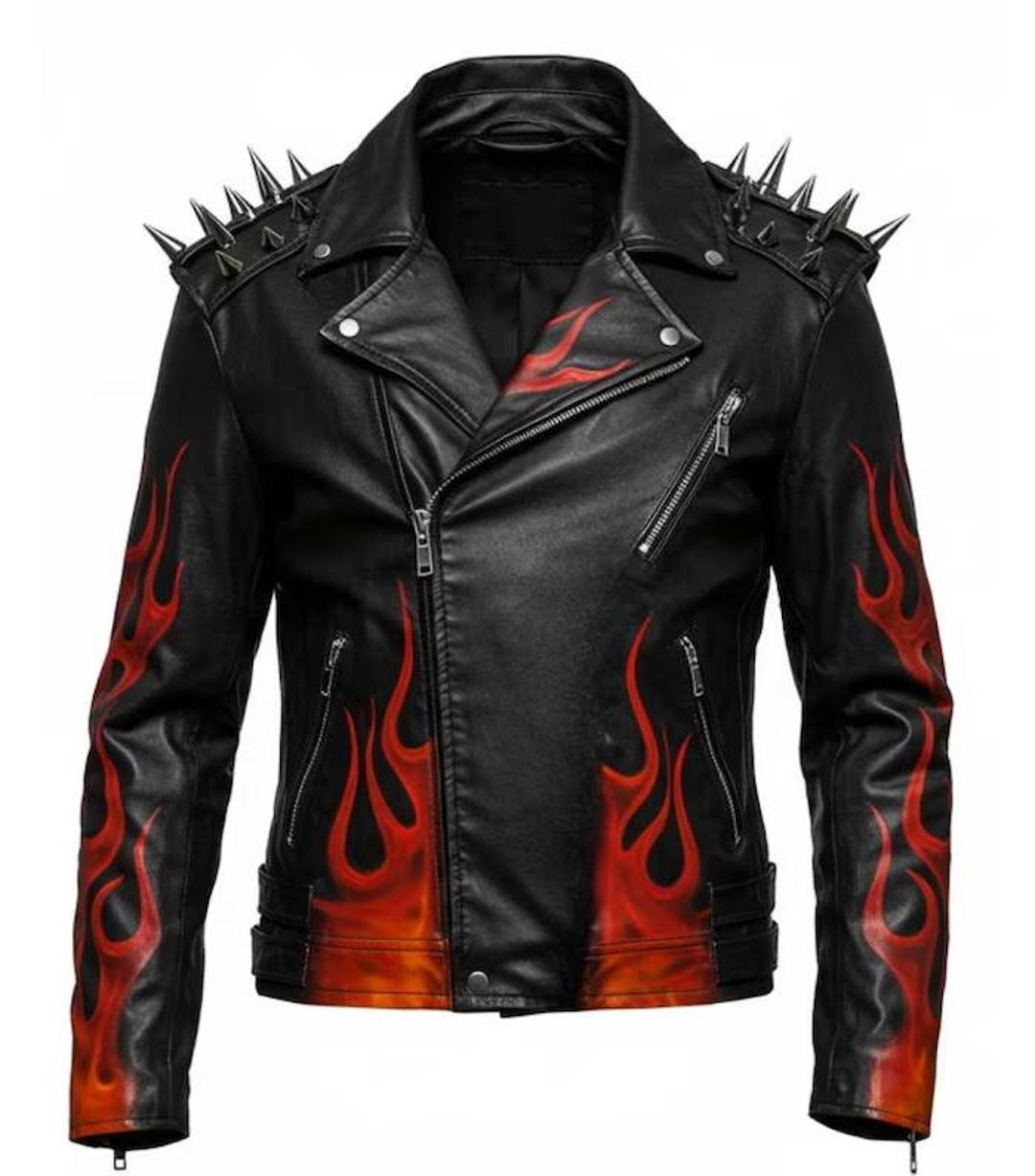 Men's Black Flame Leather Biker Jacket: Spiked Gothic Punk Rock Style ...
