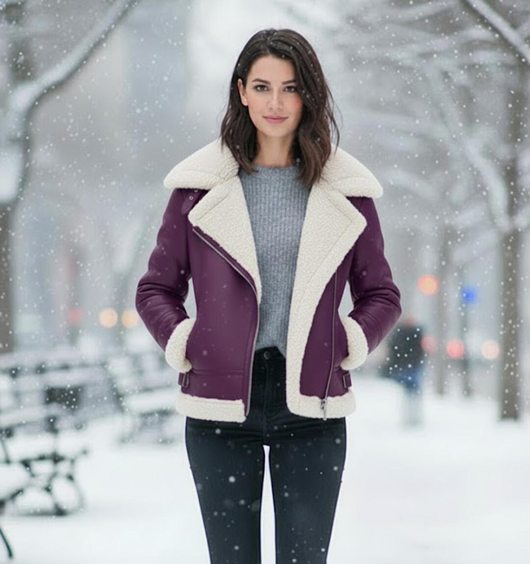 Purple Lambskin Leather Aviator Jacket With Faux Shearling Hood - Etsy