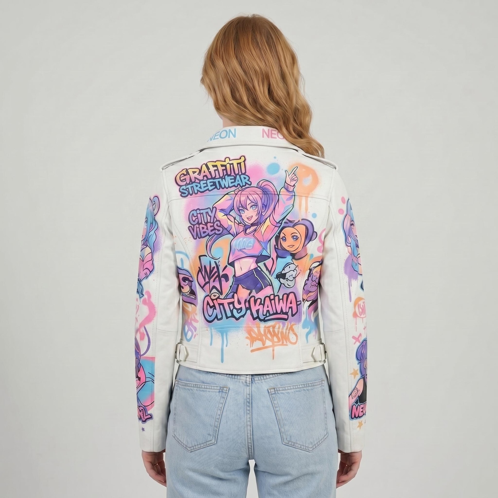 Women's Neon Pastel Anime Leather Jacket, Graphic Japanese Kawaii Style ...