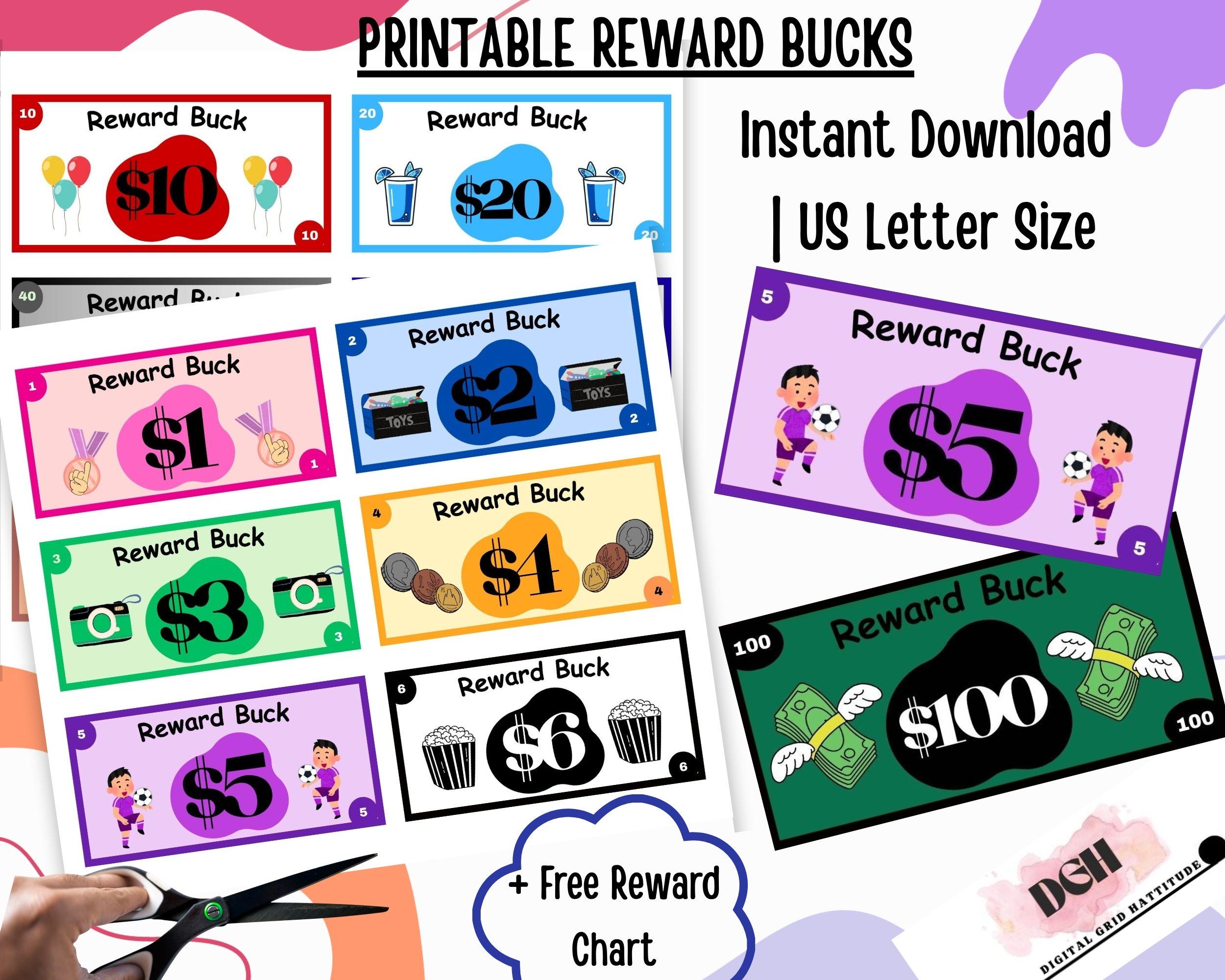 Kids Reward Bucks | Free Printable Reward Chart | Editable Canva ...