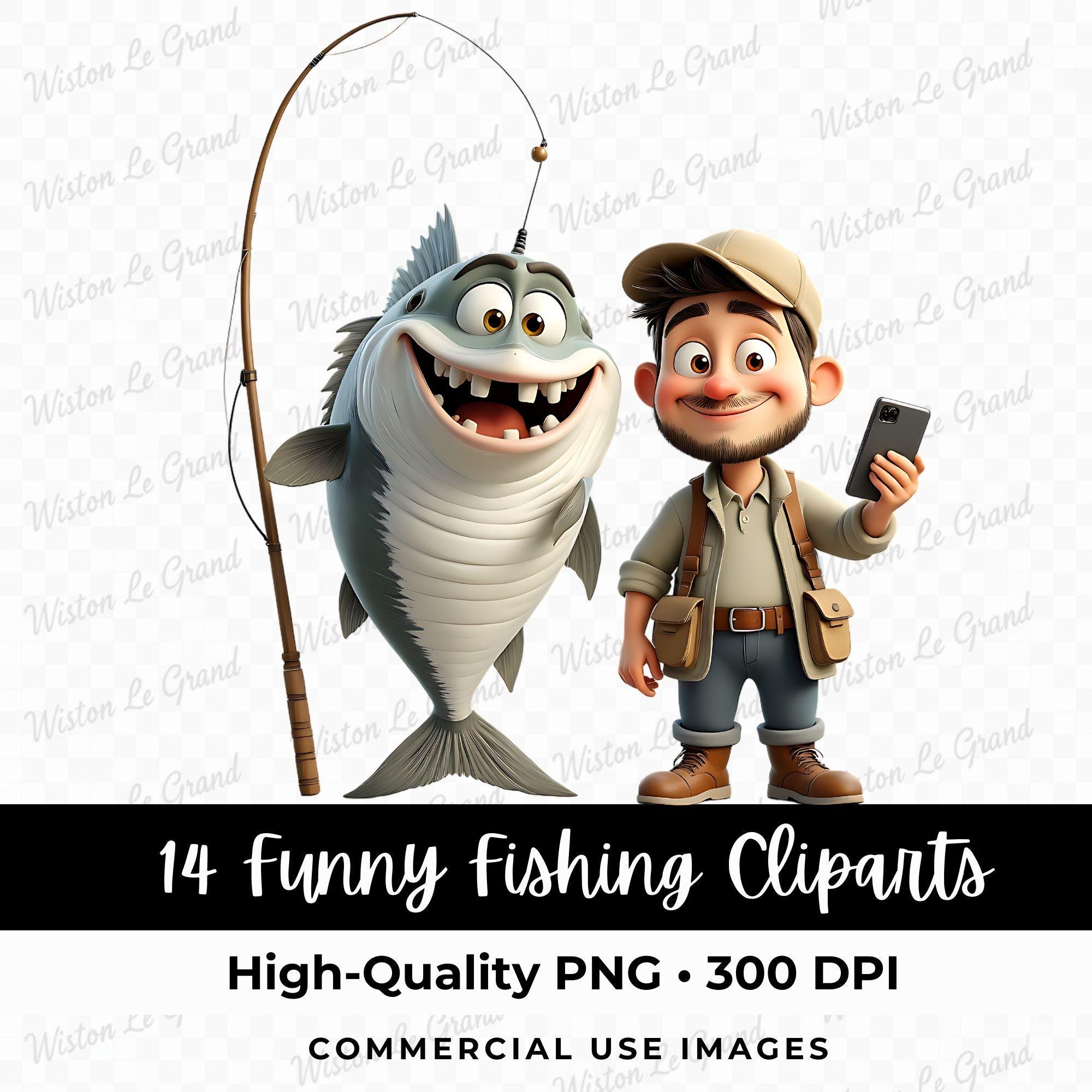 14 Humorous Fishing Clip Art Bundle, Cartoon Fishermen Illustrations ...