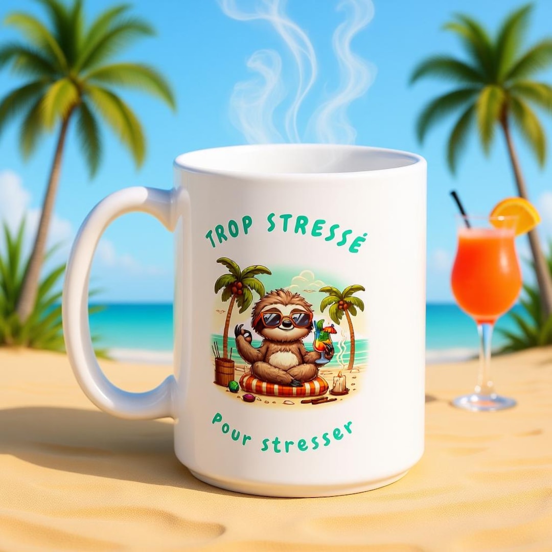 Zen Sloth Cartoon Mug – Relaxing Sloth on Beach With Incense & Cocktail ...