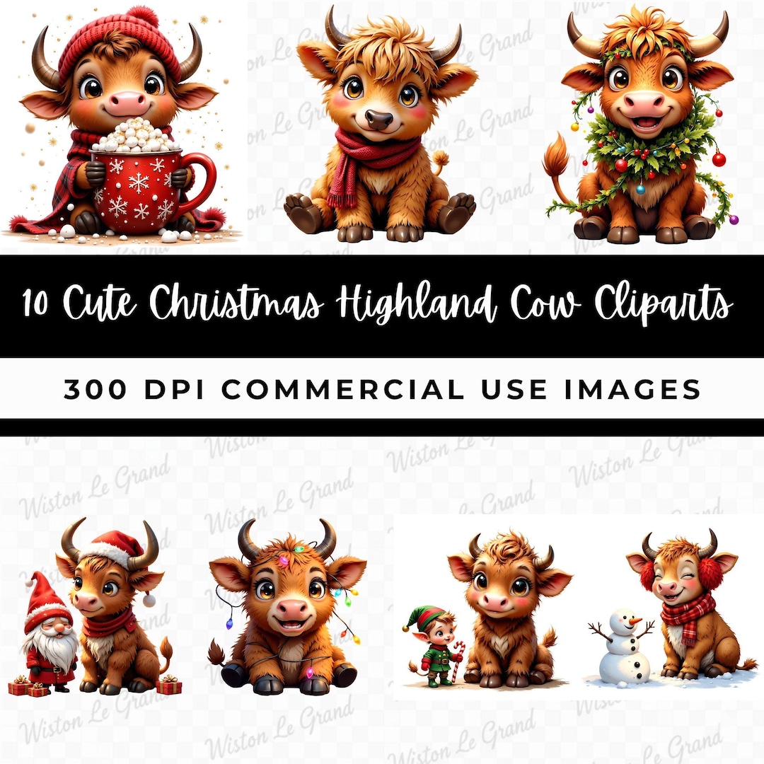 10 Christmas Highland Cow Clipart Bundle – Cute Baby Calf PNG ...