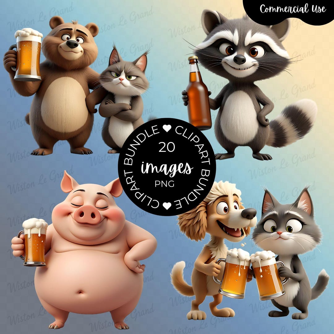Bar Animals Clipart Bundle | 20 Stylized 3D Cartoon Animals PNG | Adult ...