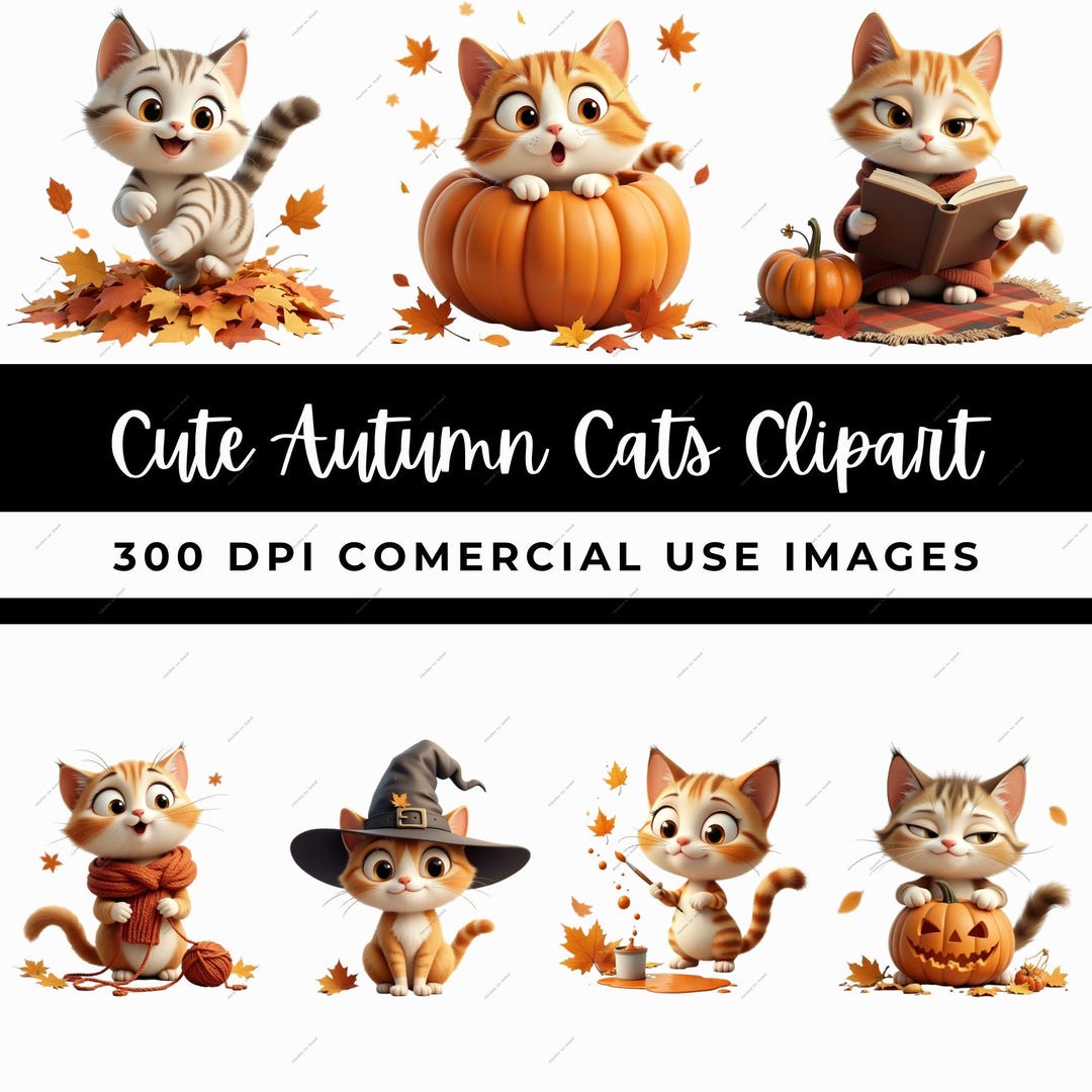 Cute Autumn Cats Clipart Bundle, 10 Digital Illustrations Pixar Cartoon ...