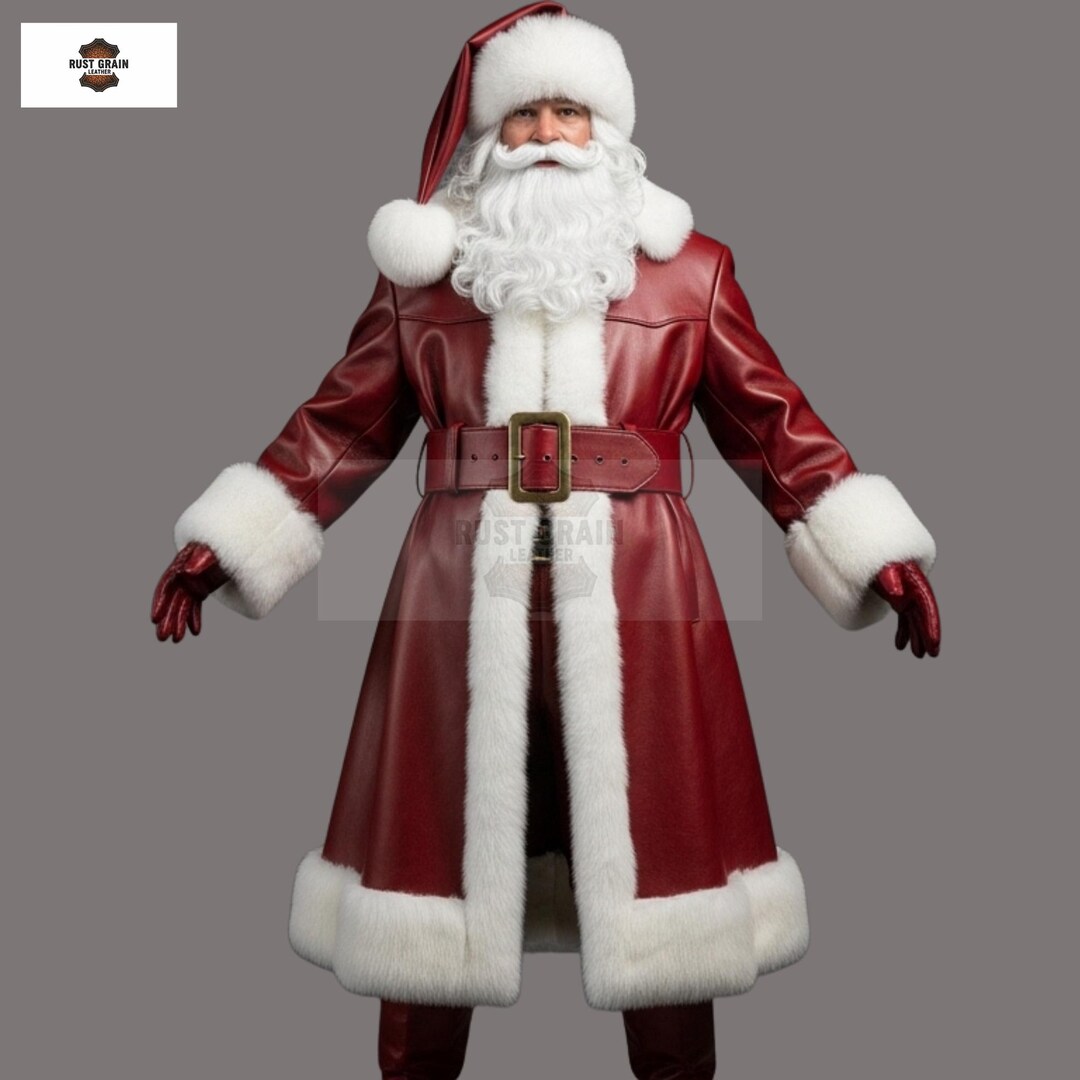 Handmade Genuine Leather Santa Claus Costume: Long Red Coat With Hat - Etsy