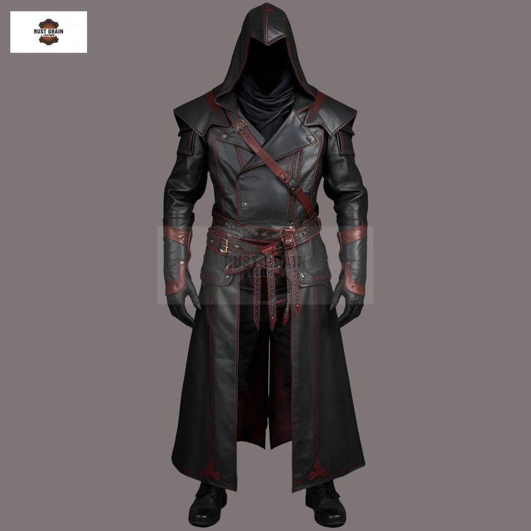 Handmade Black & Red Leather Assassin Coat: Hooded Cosplay Costume ...