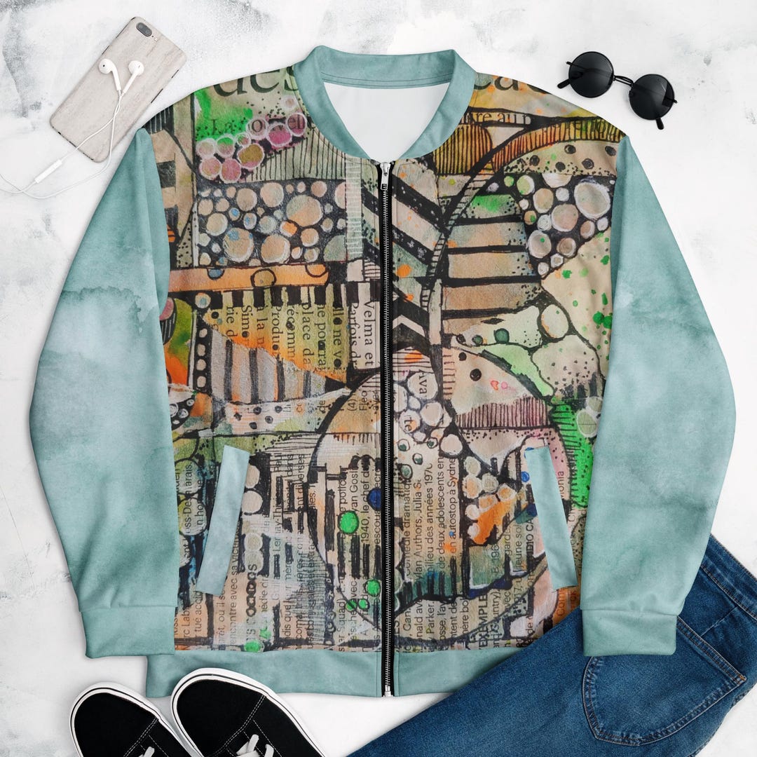 Layers of Words Unisex Bomber Jacket – Abstract Watercolor Collage ...