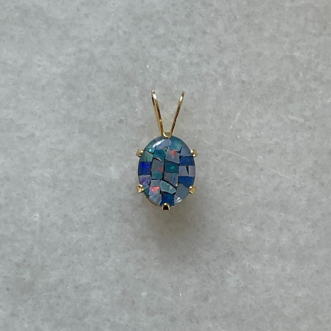 Vintage Estate 14K Solid Yellow Gold Mosaic Opal Necklace Pendant Charm ...