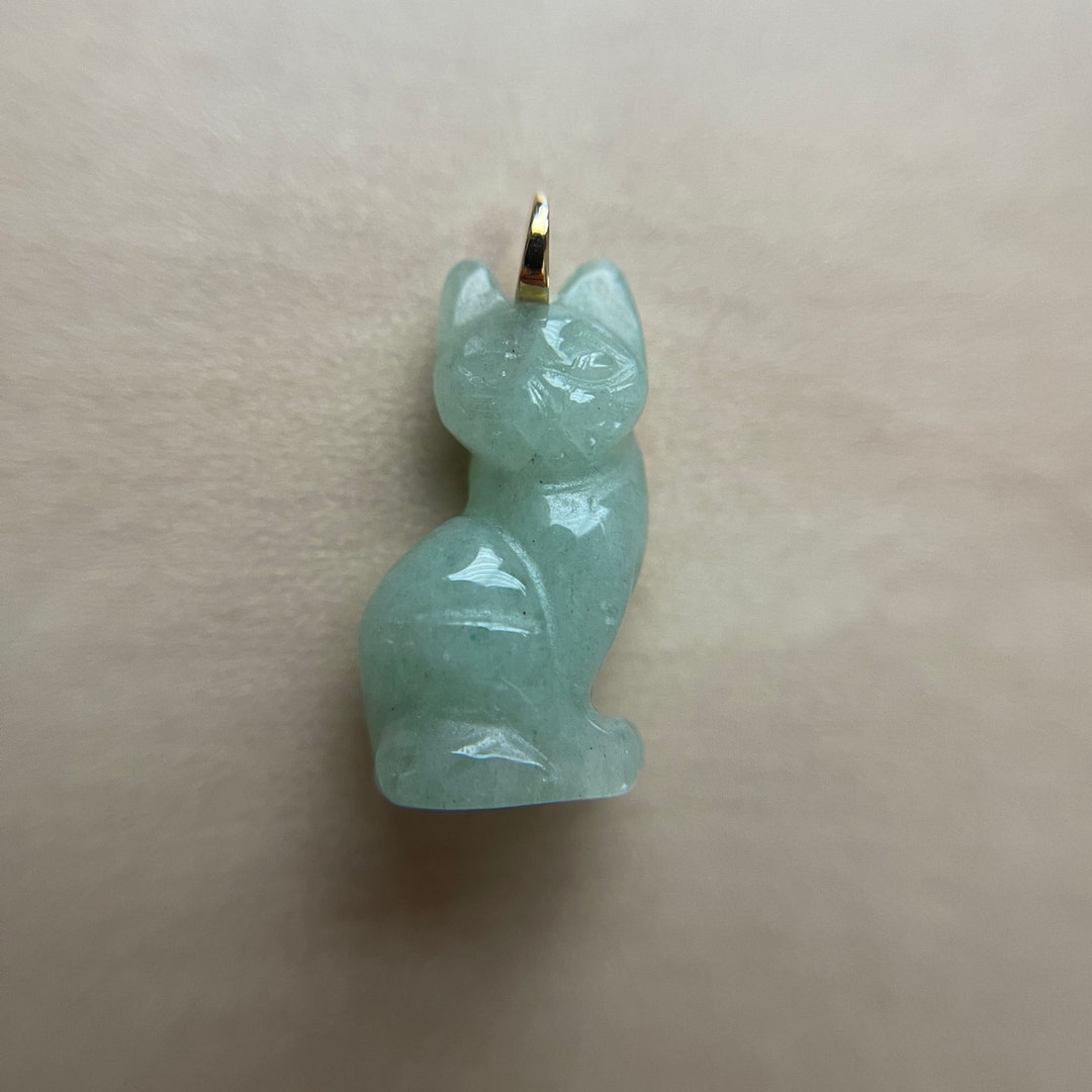 Solid 18K Yellow Gold Aventurine Cat Charm Natural Gemstone Good Luck ...