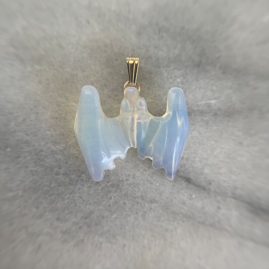 Solid 14K Yellow Gold Opalite Good Luck Bat Charm Necklace Pendant ...