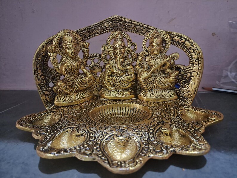 Metal Diya With Lakshmi | Ganesh | Saraswati | Traditional Indian Oil ...
