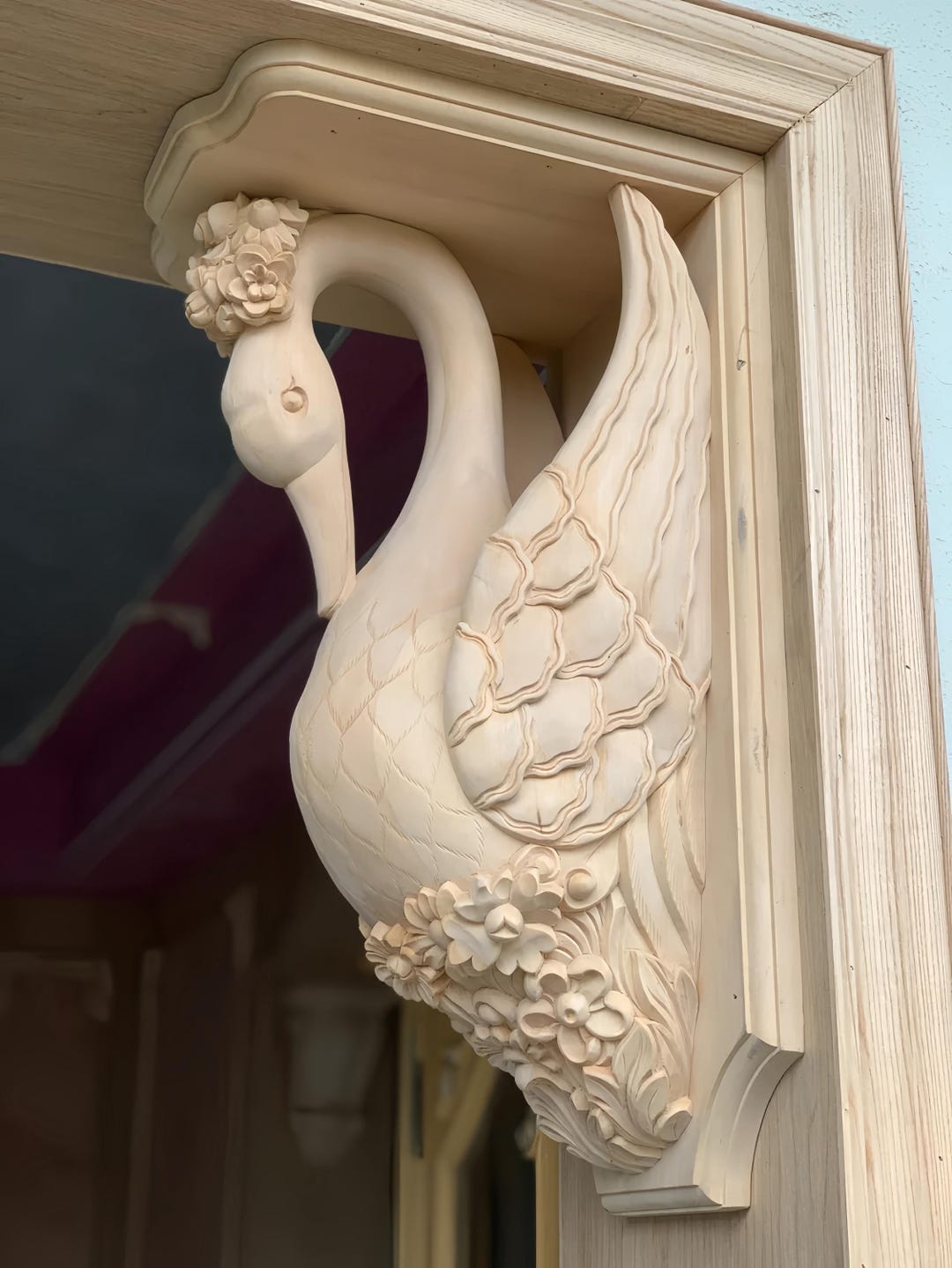 Unfinished Wooden Corner Corbel With Intricate Goose Motif, Window ...