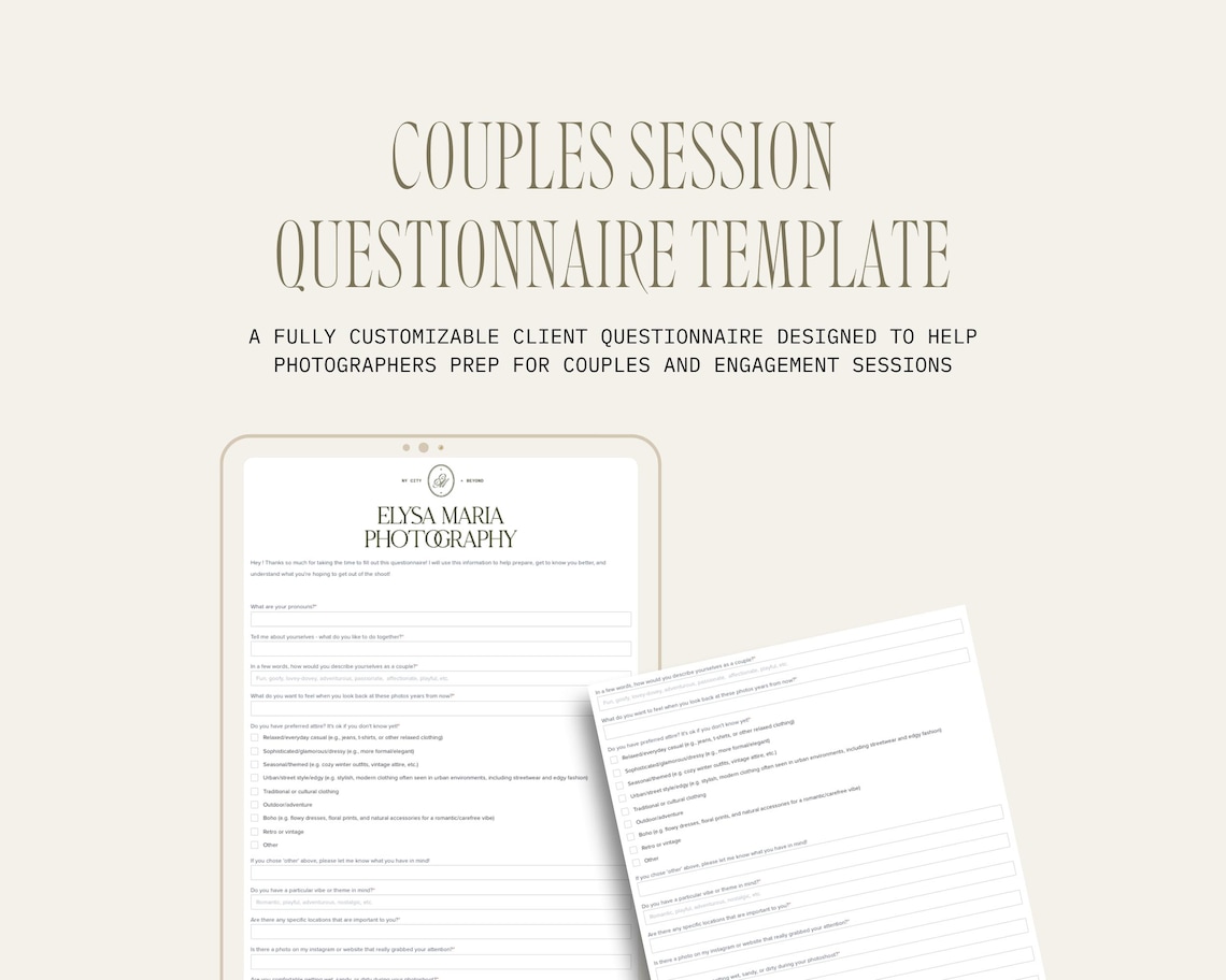 Photographer's Couples Session Questionnaire Template: Editable Client ...