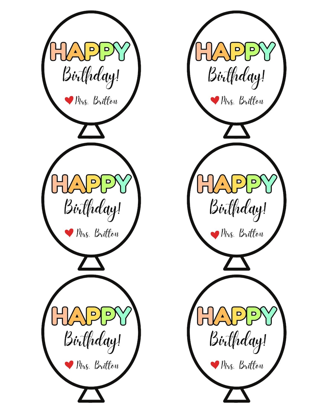 Happy Birthday Balloon Tags for Pencils, Straws, Markers, Toys, Etc ...
