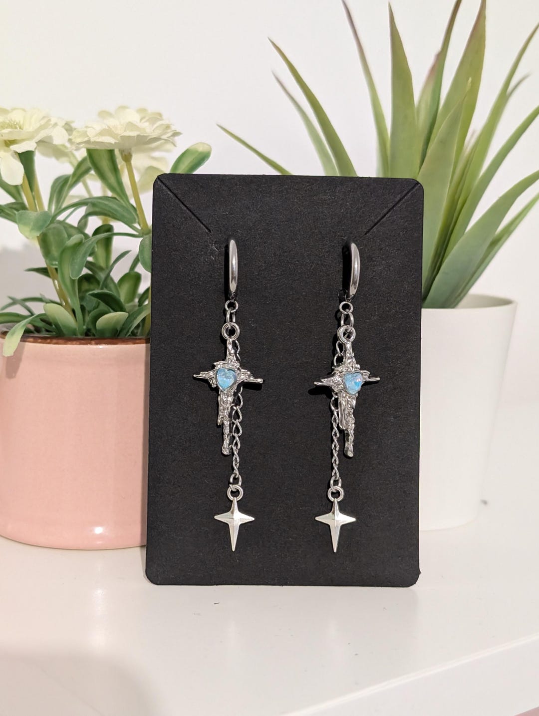 Blue Heart Cross Earrings – Soft Grunge Alt Drop Jewelry - Etsy