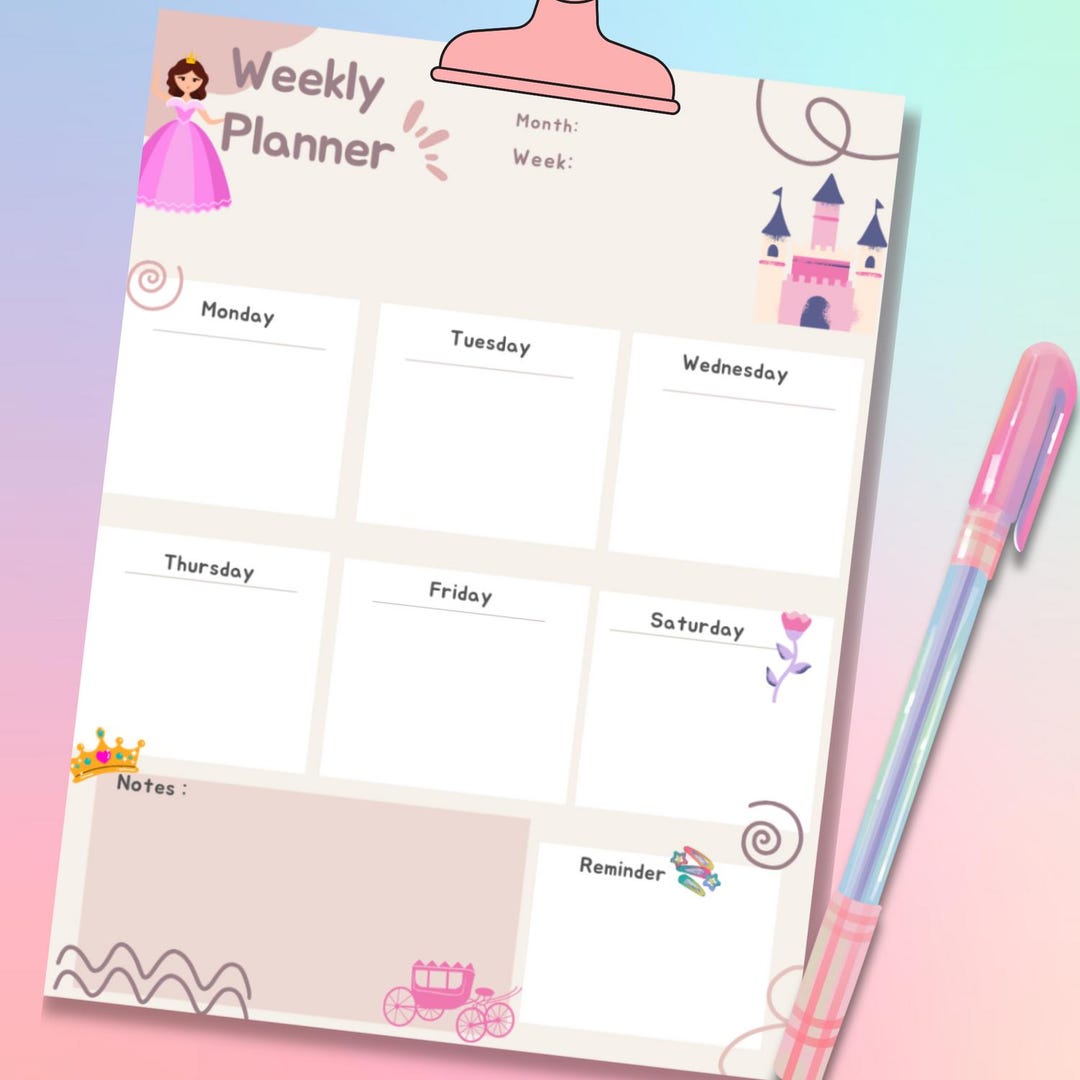 Pink Princess Weekly Planner • Cute Girly Calendar • Printable ...