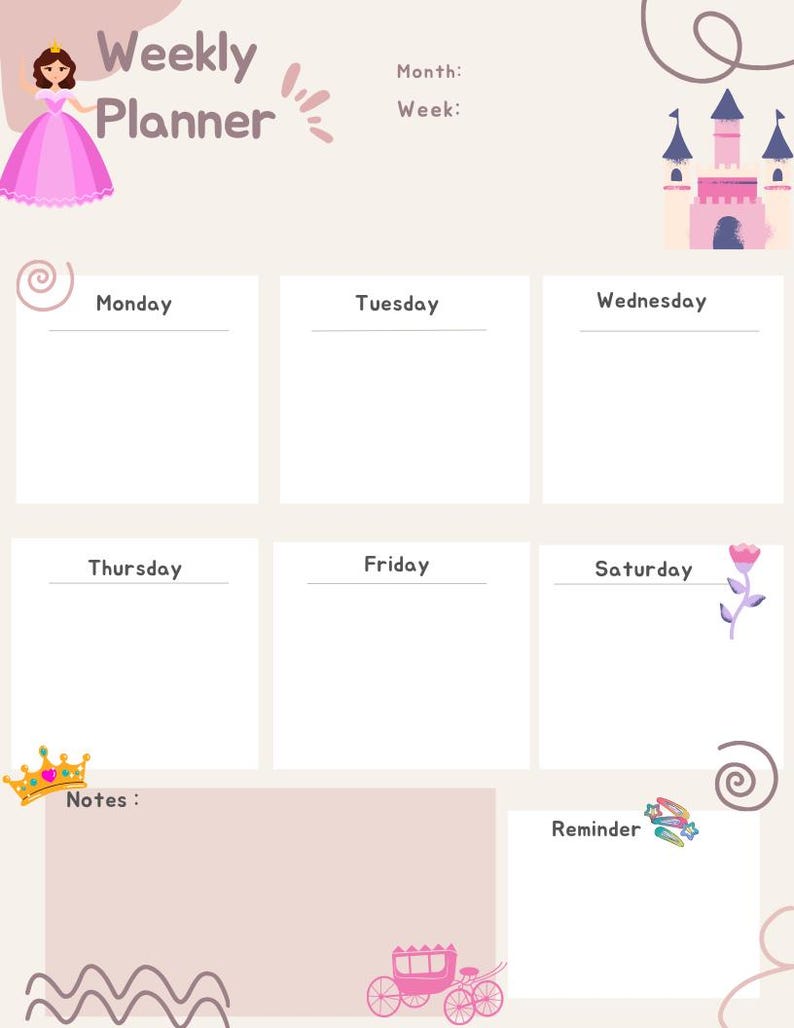 Pink Princess Weekly Planner • Cute Girly Calendar • Printable ...