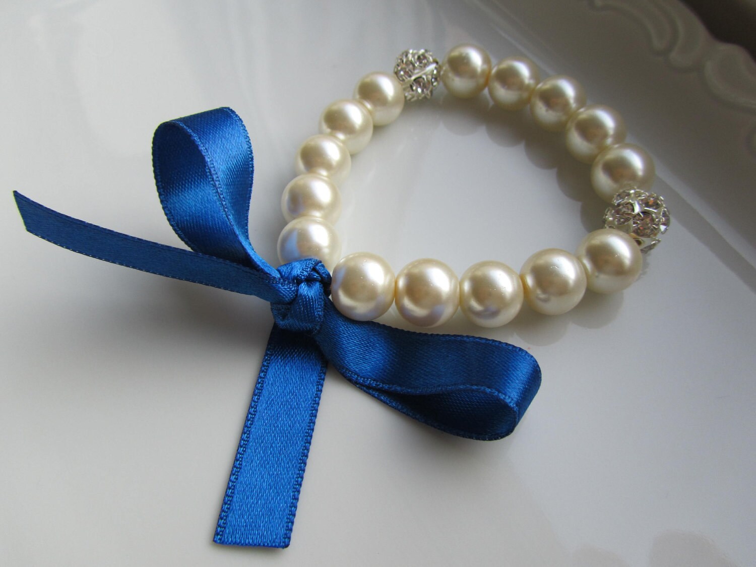 Ivory Pearl Bracelet With Marine Blue Ribbon and Rhinestones, Bridal ...