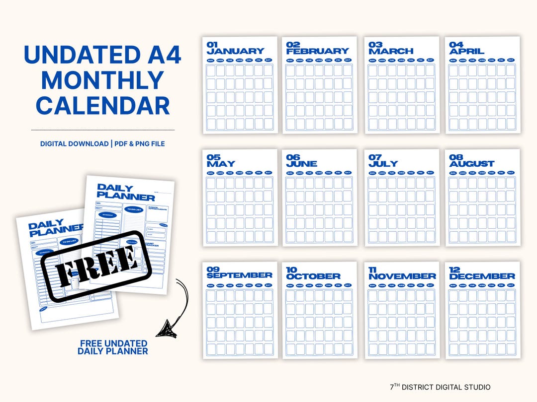 Cobalt Blue Monthly Calendar Printable: Daily Planner Bonus (digital ...