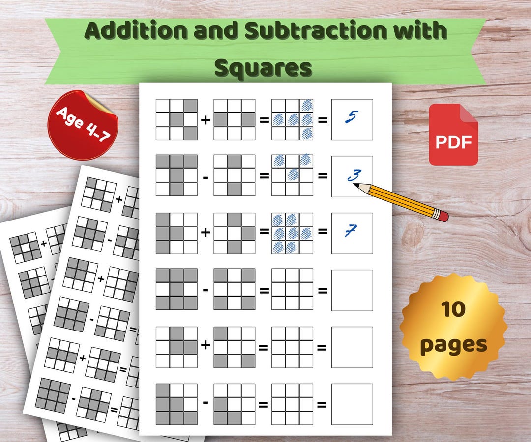 Counting Squares Math Worksheets: Addition & Subtraction (PDF Download ...