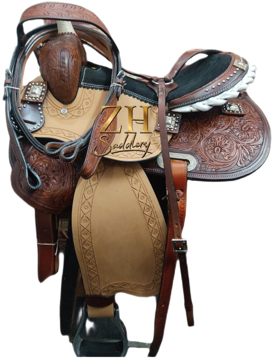 Leather Western Barrel Horse Saddle Square Antique Conchos Hand Tooled ...