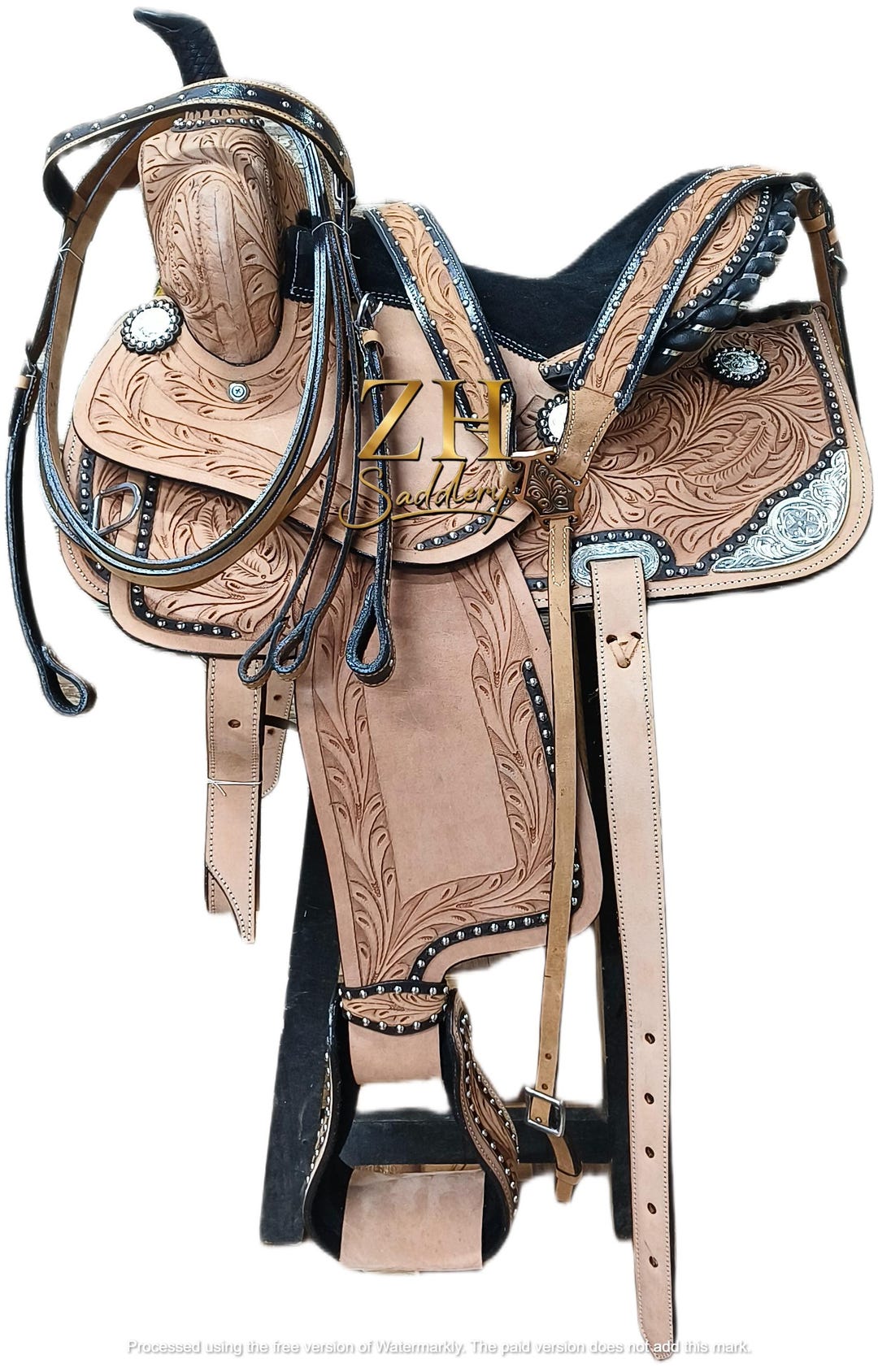 Tan Leather Western Barrel Horse Show Saddle Black Suede Padded Seat ...