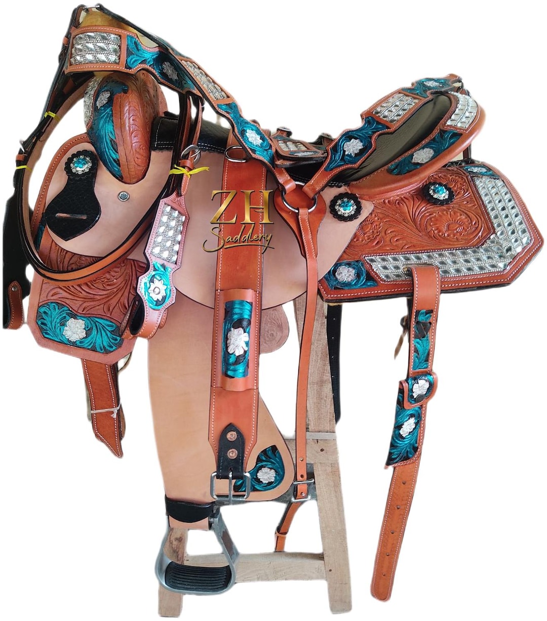 Leather Western Barrel Show Horse Saddle Turquoise Flower Conchos ...