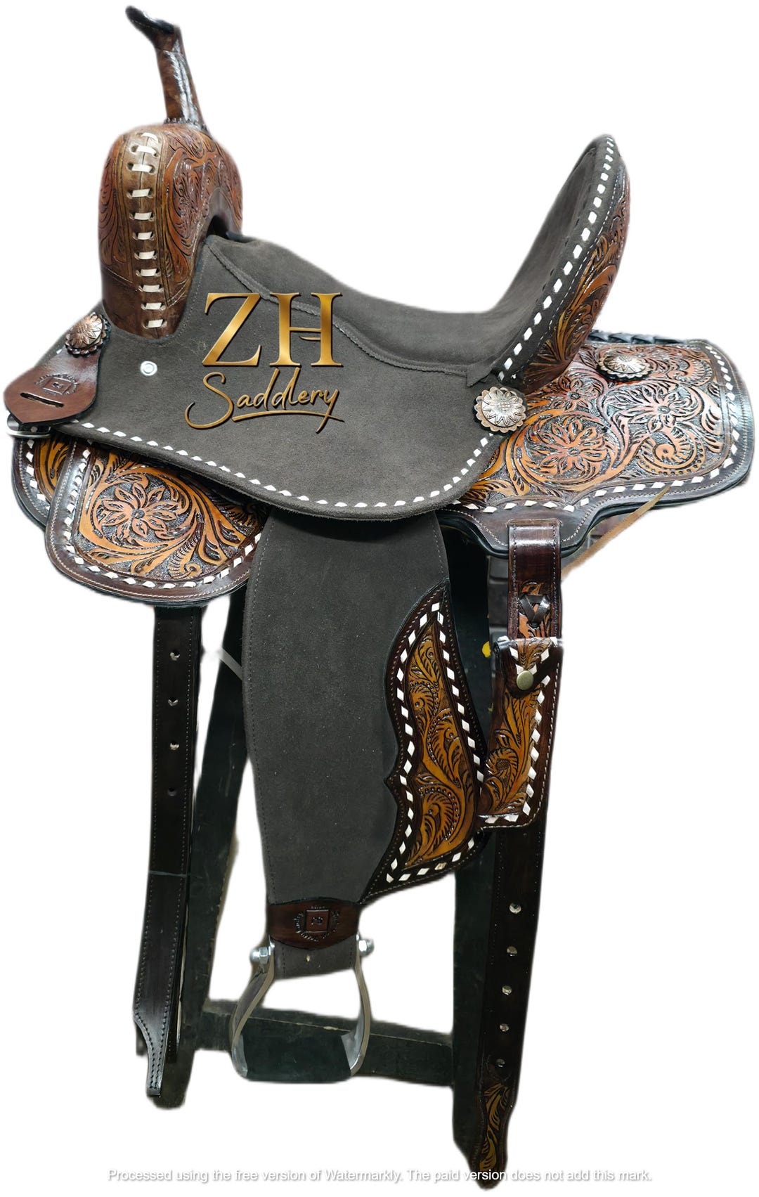 Dark Brown Floral Tooled Leather Barrel Racing Saddle - Deep Seat, High ...