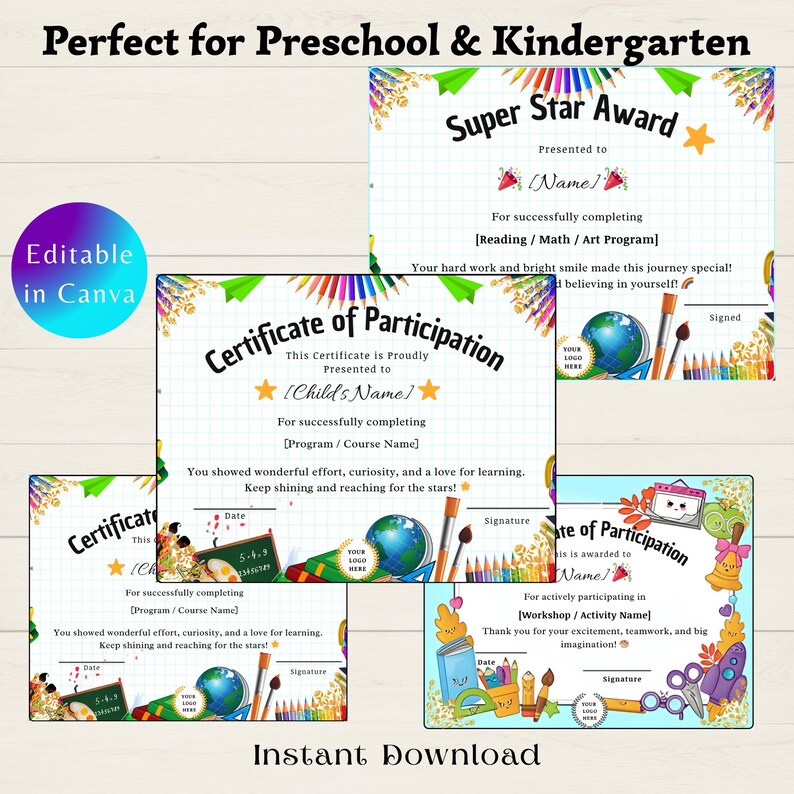 Kids Certificate Template Bundle I Editable Canva Template | Preschool ...
