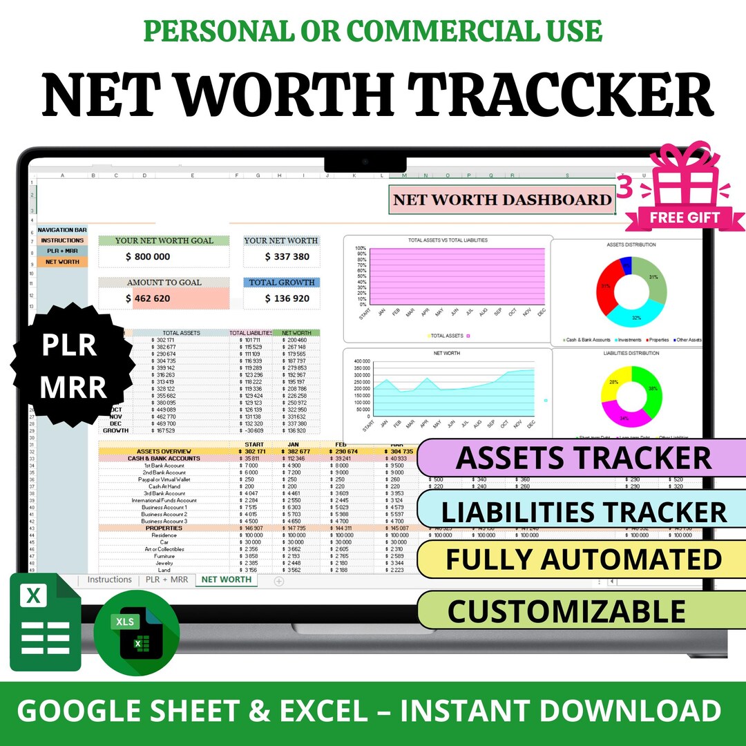 Net Worth Tracker Spreadsheet | Excel & Google Sheets | PLR + MRR ...