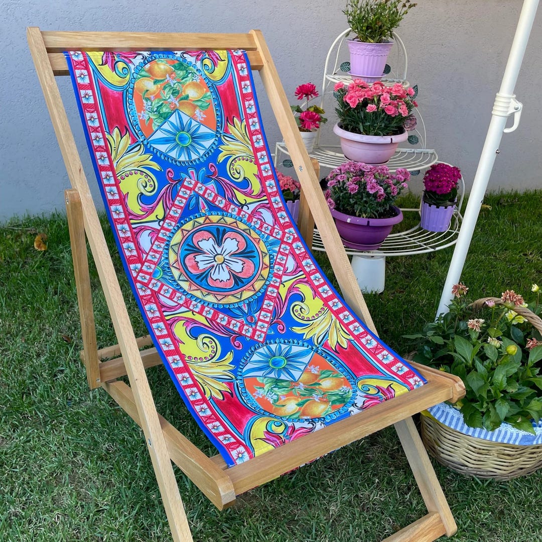 Lemon Print Deck Chair – Foldable Wooden Lounge Chair, Mediterranean ...