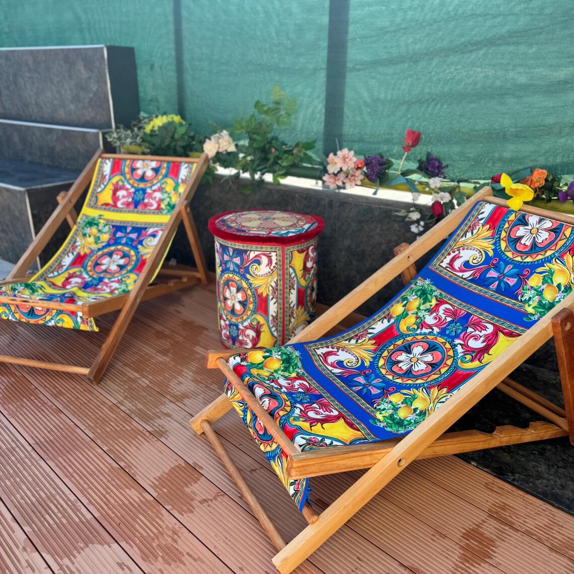 Blue Mediterranean Folding Deck Chair – Handmade Beechwood Sun Lounger ...