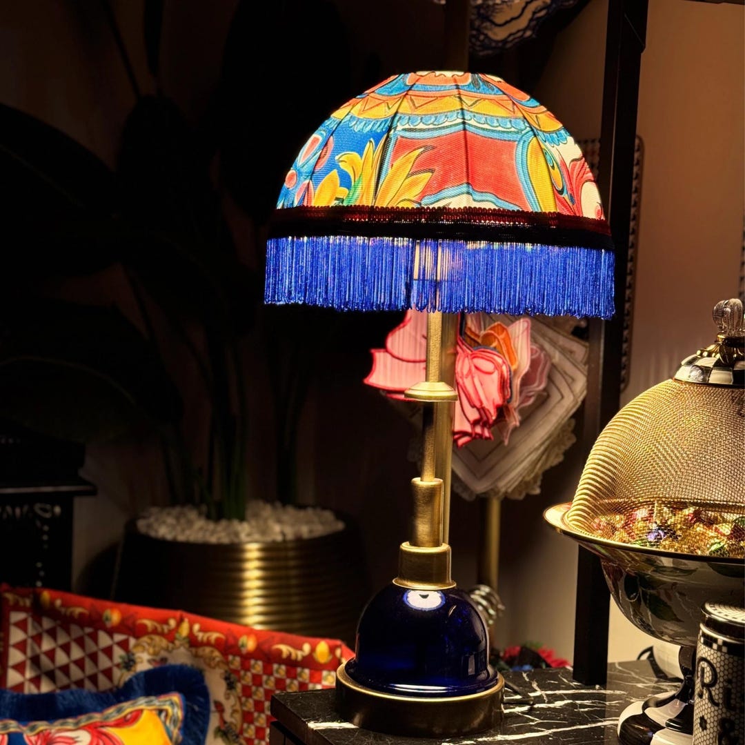 Mediterranean Table Lamp – Art-inspired Floral Shade With Blue Fringe ...