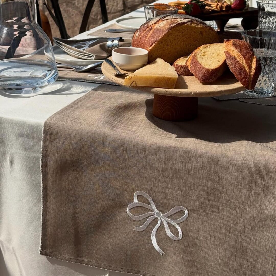 Florence Bow Embroidered Linen Runner – Handmade Elegant Table Runner ...