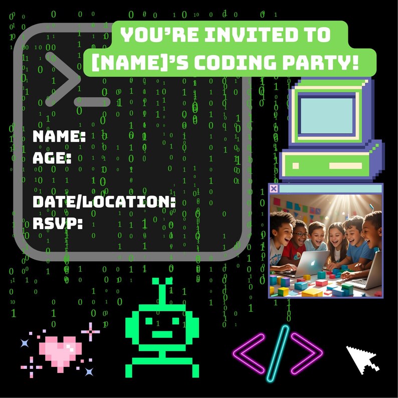 Kids Coding Party Templates | Editable Canva Invite, Pixel Poster ...