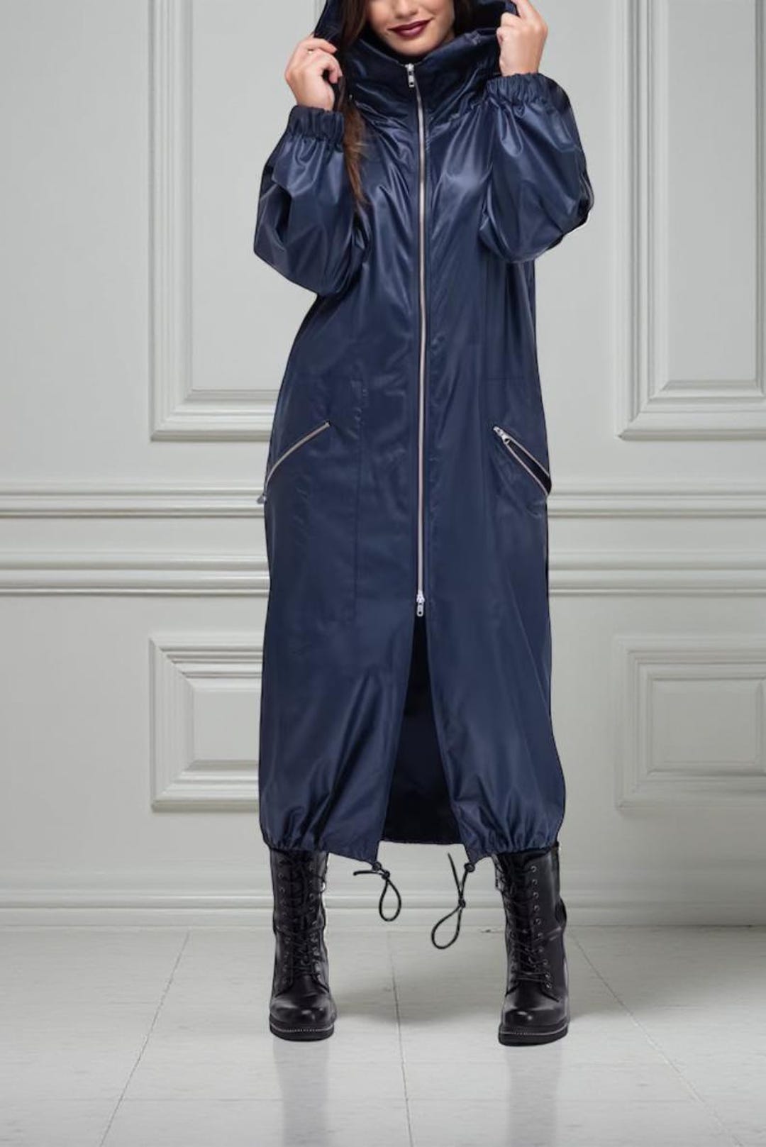 Women’s Handmade Long Hooded Raincoat, Navy Blue Waterproof Trench Coat ...