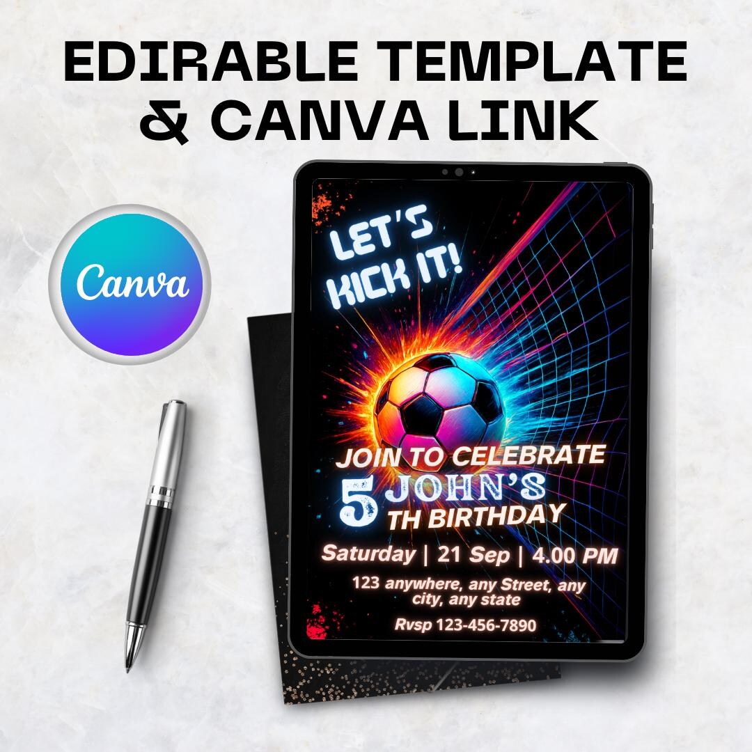 Editable Soccer Birthday Invitation: Canva Template (digital Download ...