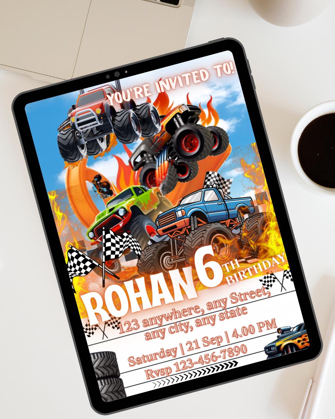 Monster Truck Birthday Invitation | Blue Flame, Editable Template (PDF ...
