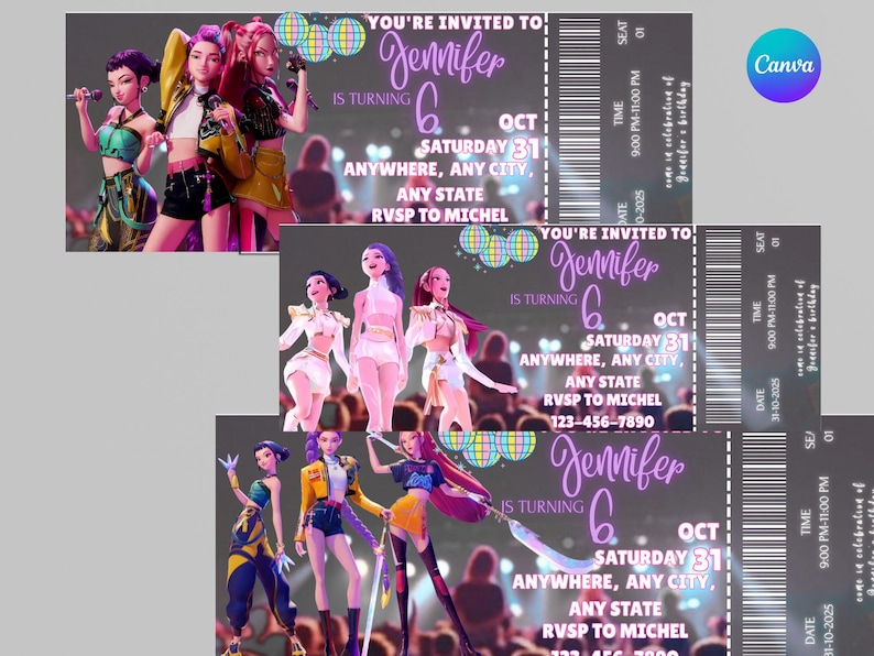 K-pop Demon Hunter Birthday Invitation, 3 Editable Ticket Designs, Kpop ...