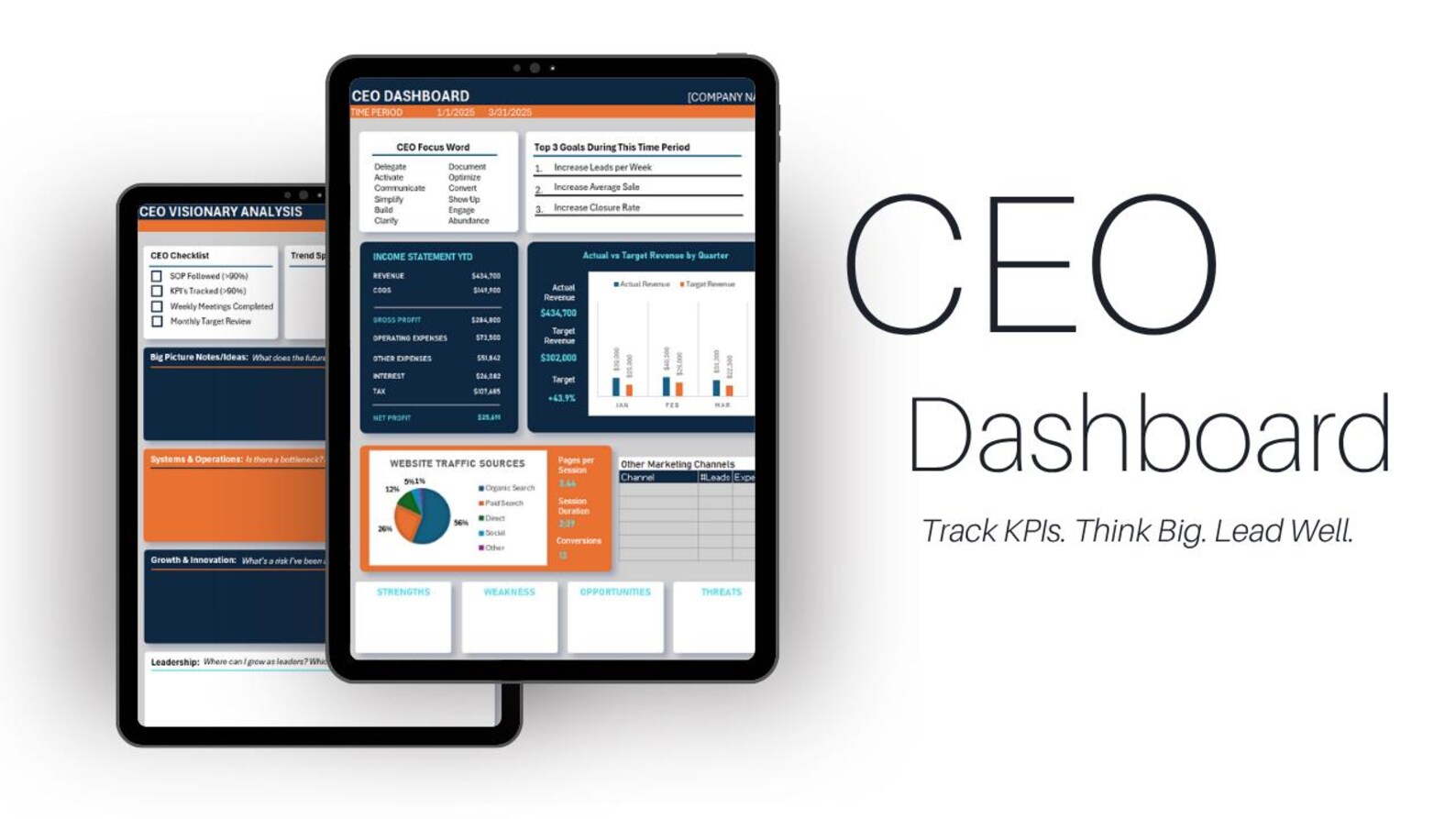 CEO Dashboard Spreadsheet | Weekly KPI Tracker + Visionary Planner ...