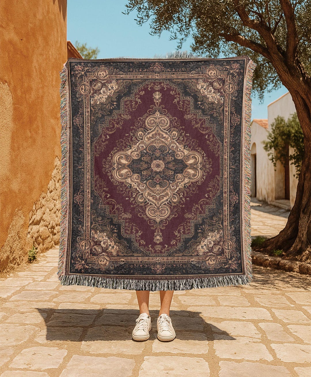 Vintage Damask 100% Cotton Woven Blanket, Persian Style Woven Throw for ...
