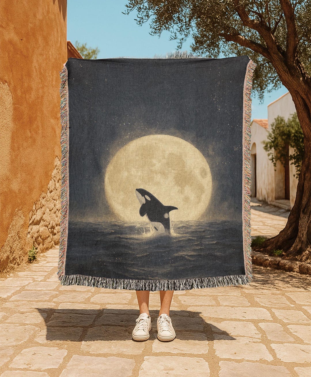 Mystical Orca 100% Cotton Woven Blanket, Killer Whale Moonlit Ocean ...