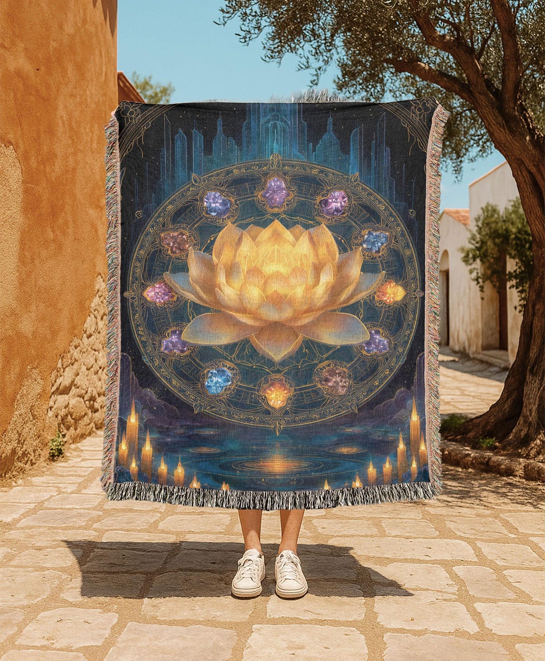 Spiritual Gift for Yogi 100% Cotton Woven Blanket, Lotus Flower Mandala ...