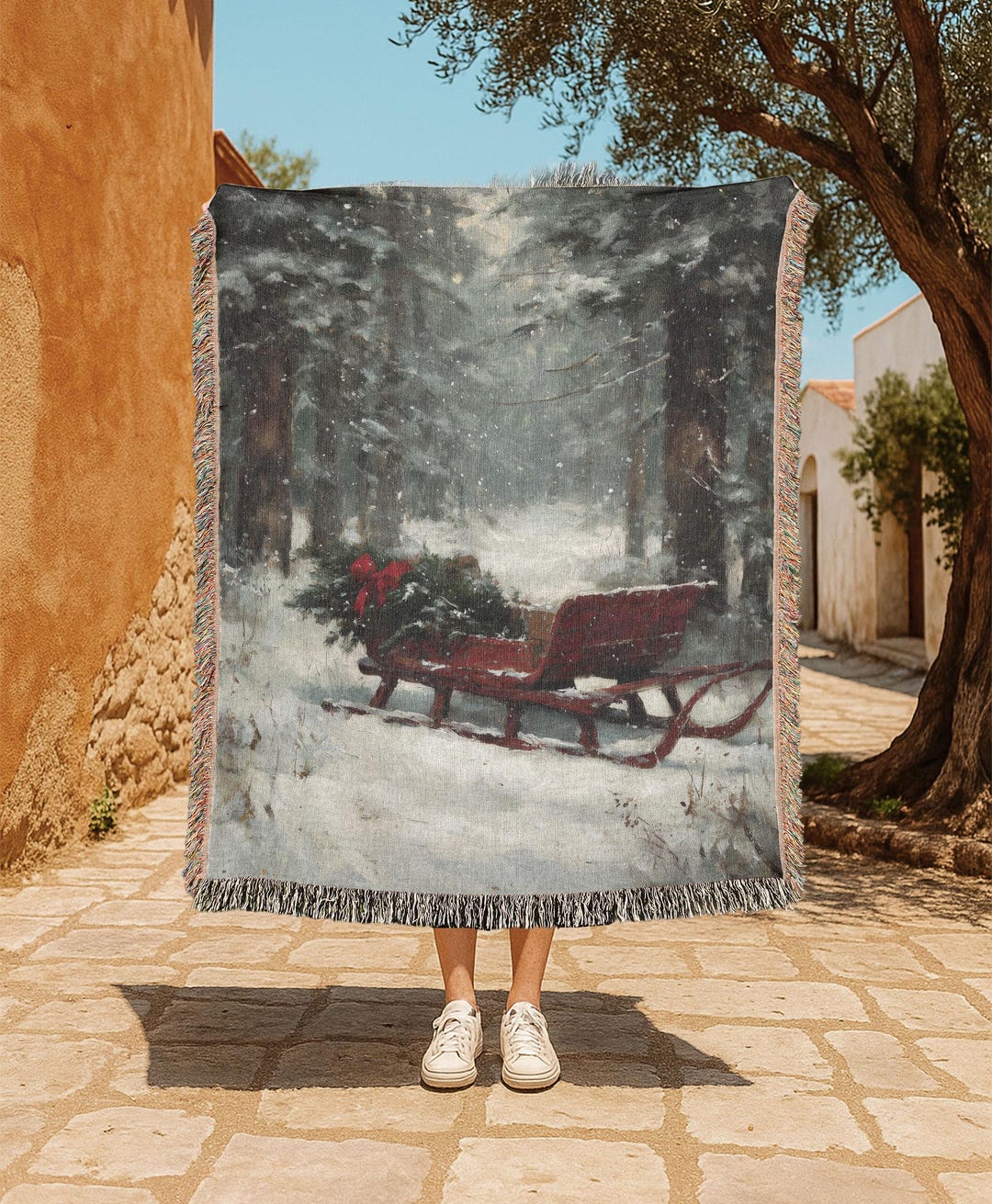 Cozy Winter Scene Sleigh Ride 100% Cotton Woven Blanket, Christmas ...
