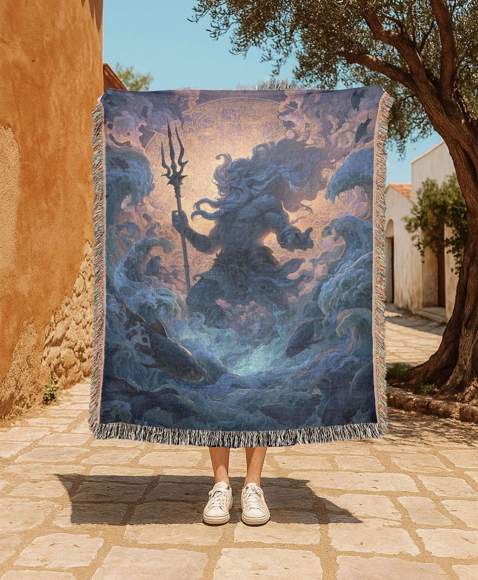 Poseidon Greek Mythology 100% Cotton Woven Blanket, Ocean God Fantasy ...
