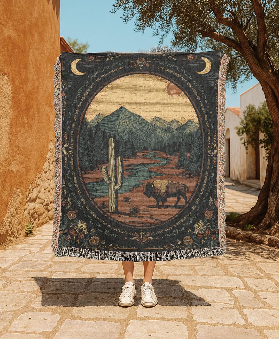 Southwest Bison 100% Cotton Woven Blanket, Desert Mountain Landscape ...