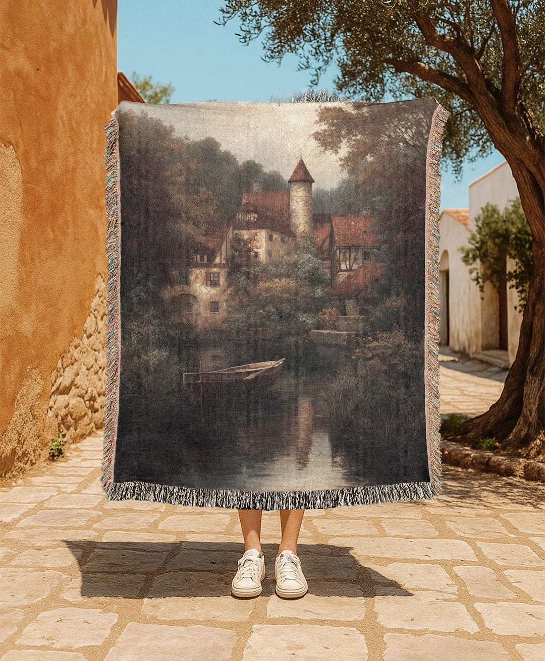 Medieval Castle River Scene 100% Cotton Woven Blanket, Scenic Woven ...