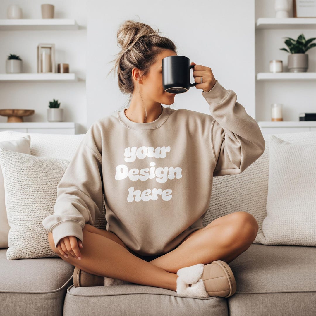 Gildan 18000 Sand Mockup, G180 Beige Sweatshirt Mockup, Smart PSD ...